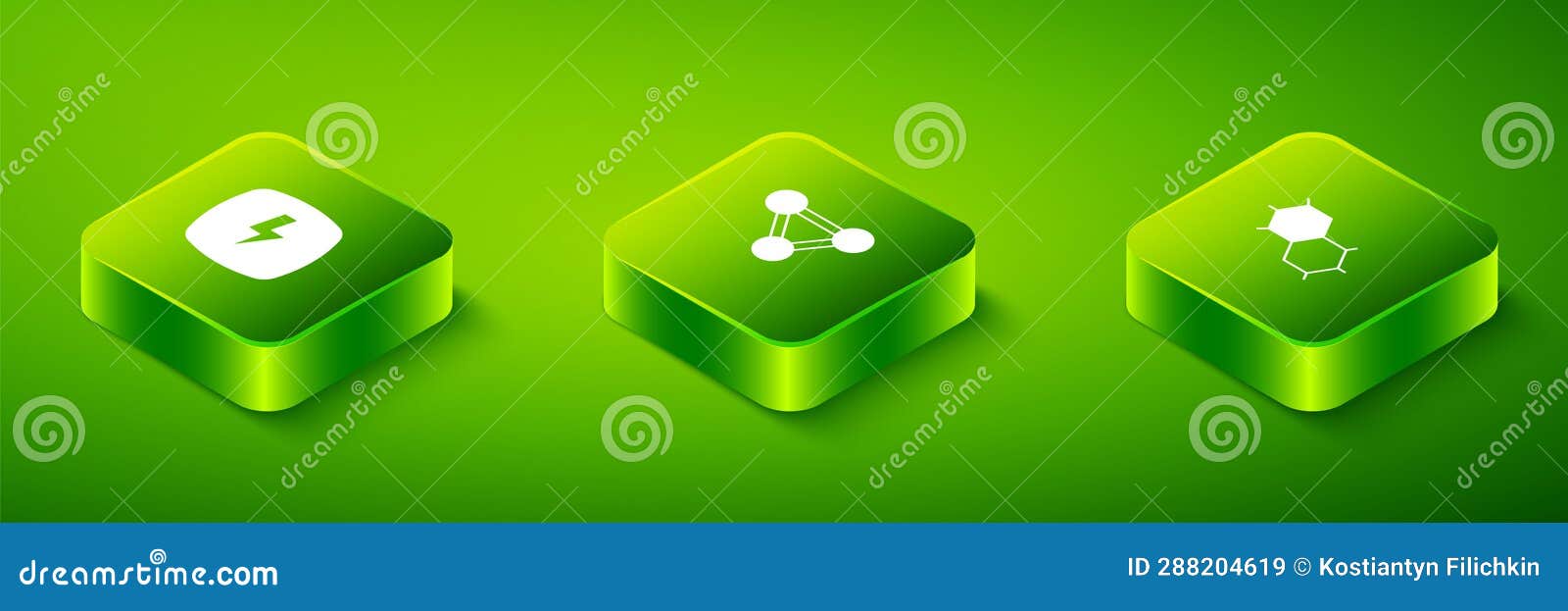 Set Isometric Molecule, Chemical Formula and Lightning Bolt Icon ...