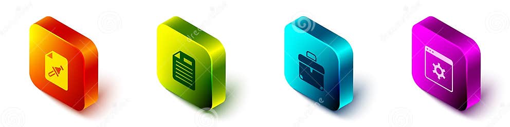 Set Isometric Note Paper with Push Button, File Document, Briefcase and ...