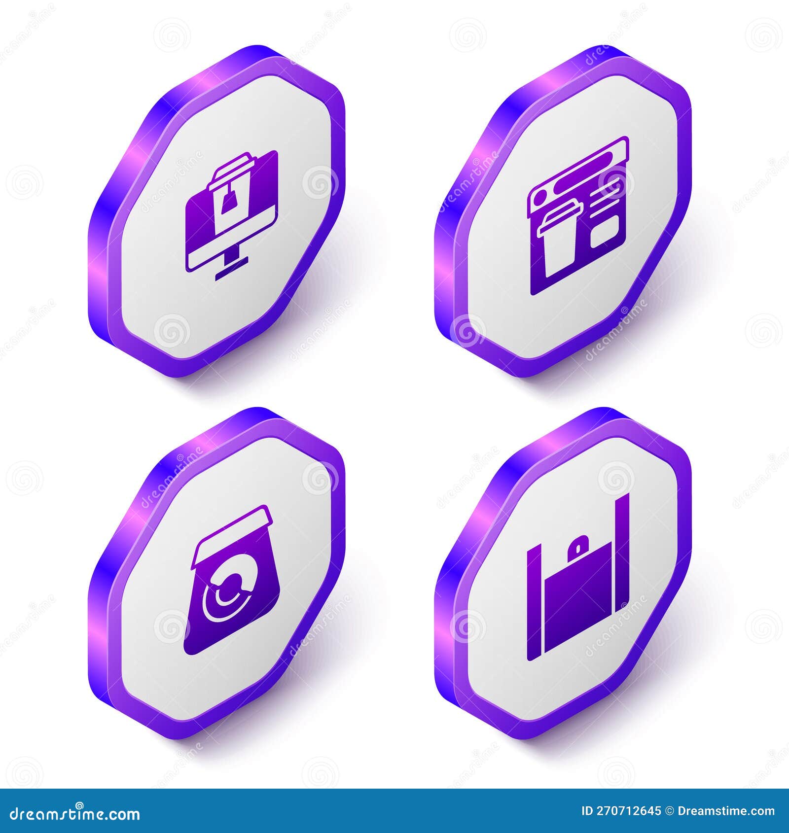 Set Isometric Online Ordering Food, and Icon. Purple Hexagon Button ...