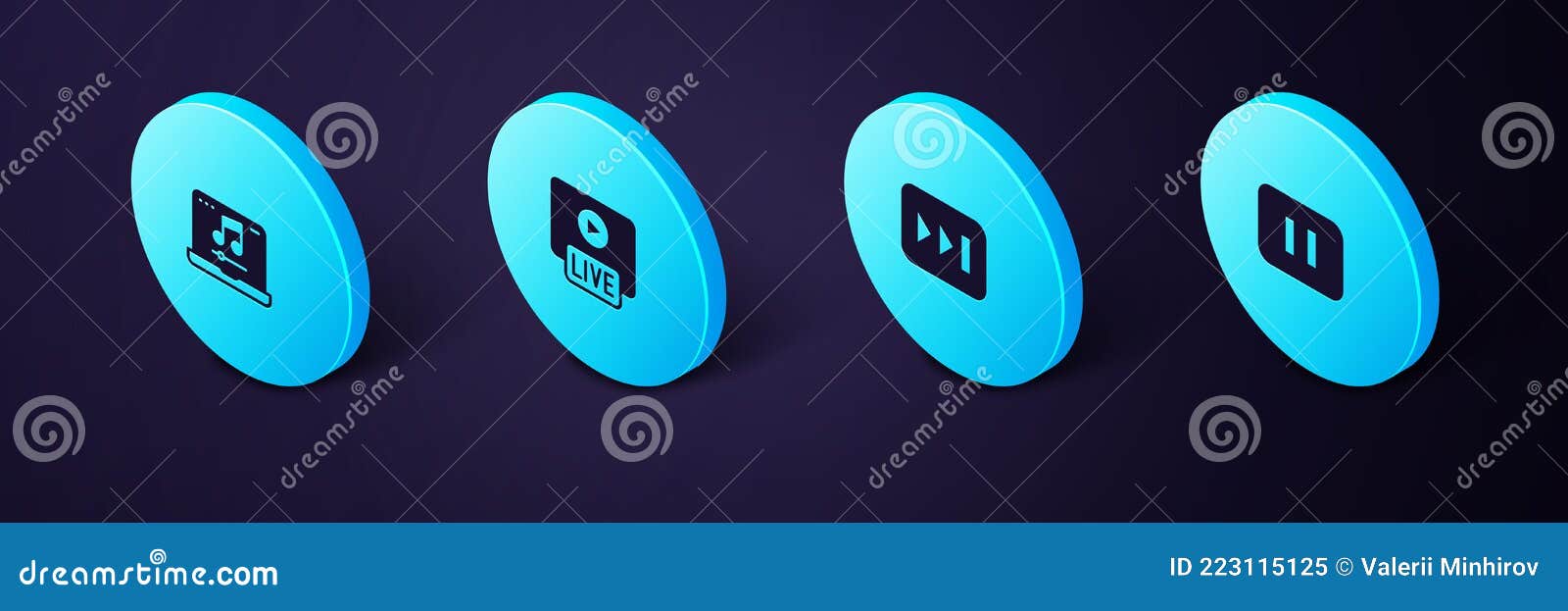 Set Isometric Pause Button, Fast Forward, Live Stream and Laptop with ...