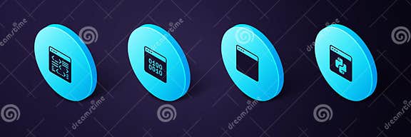 Set Isometric Python Programming Language, Browser Window, Binary Code and Software Icon. Vector ...