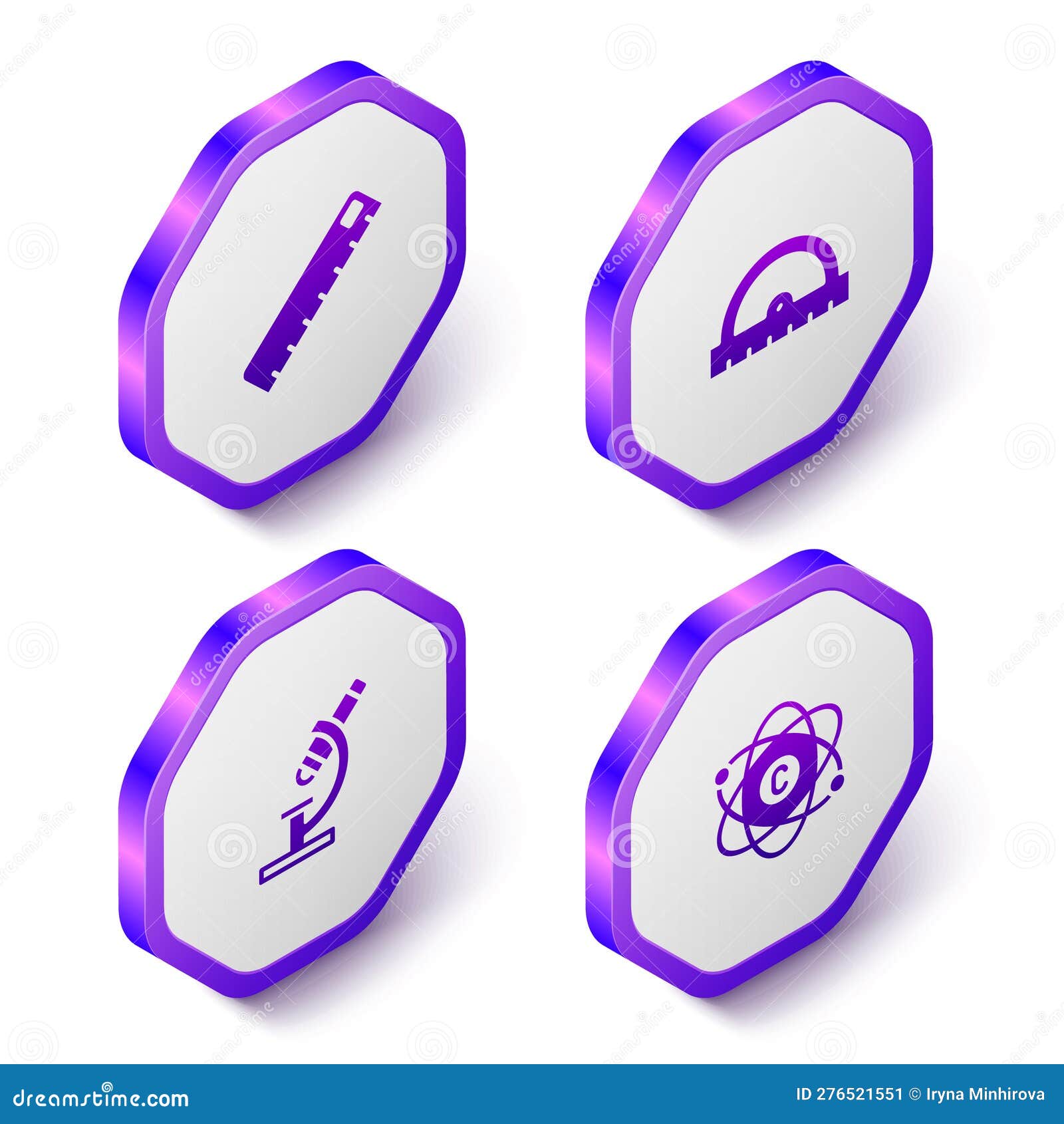 Set Isometric Ruler, Protractor Grid, Microscope and Atom Icon. Purple ...