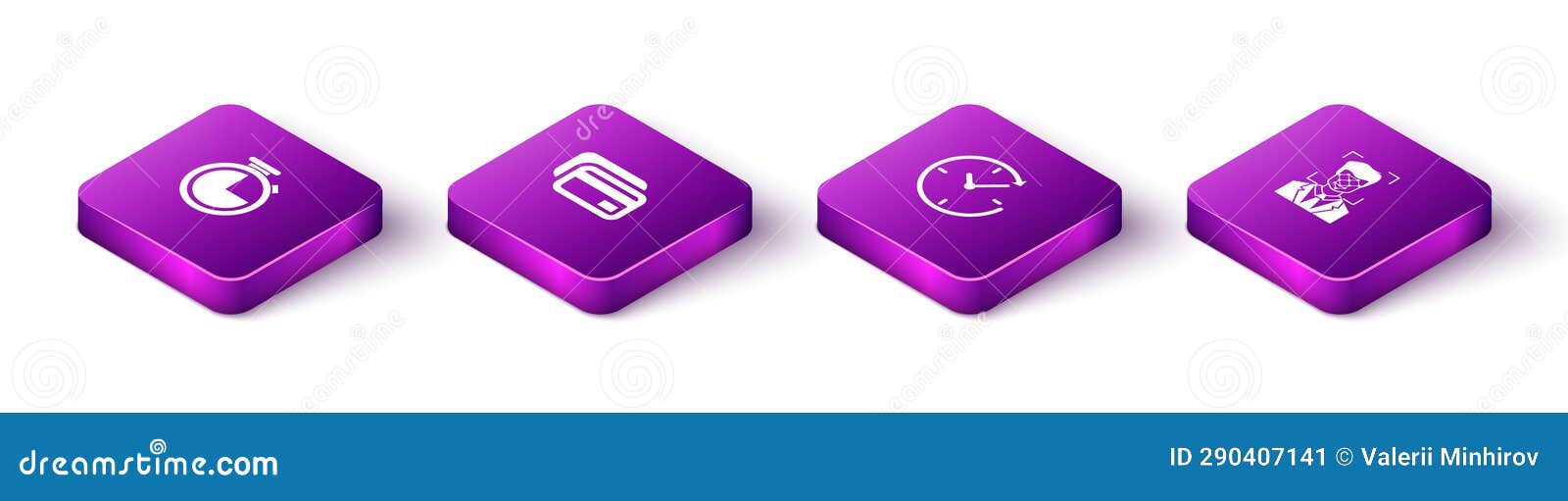 Set Isometric Stopwatch, Credit Card, Clock with Arrow and Face Recognition Icon. Vector Stock ...