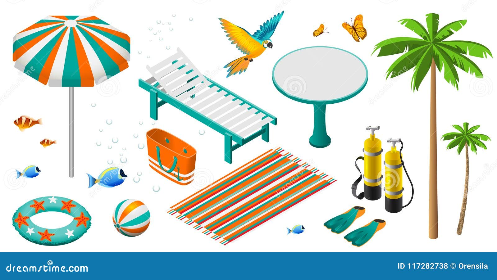 Set of Isometric Summer Beach Holiday Objects Stock Vector ...