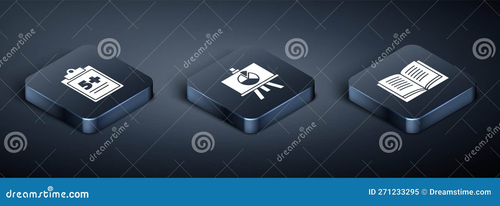 Set Isometric Test or Exam Sheet, Open Book and Chalkboard with Diagram ...