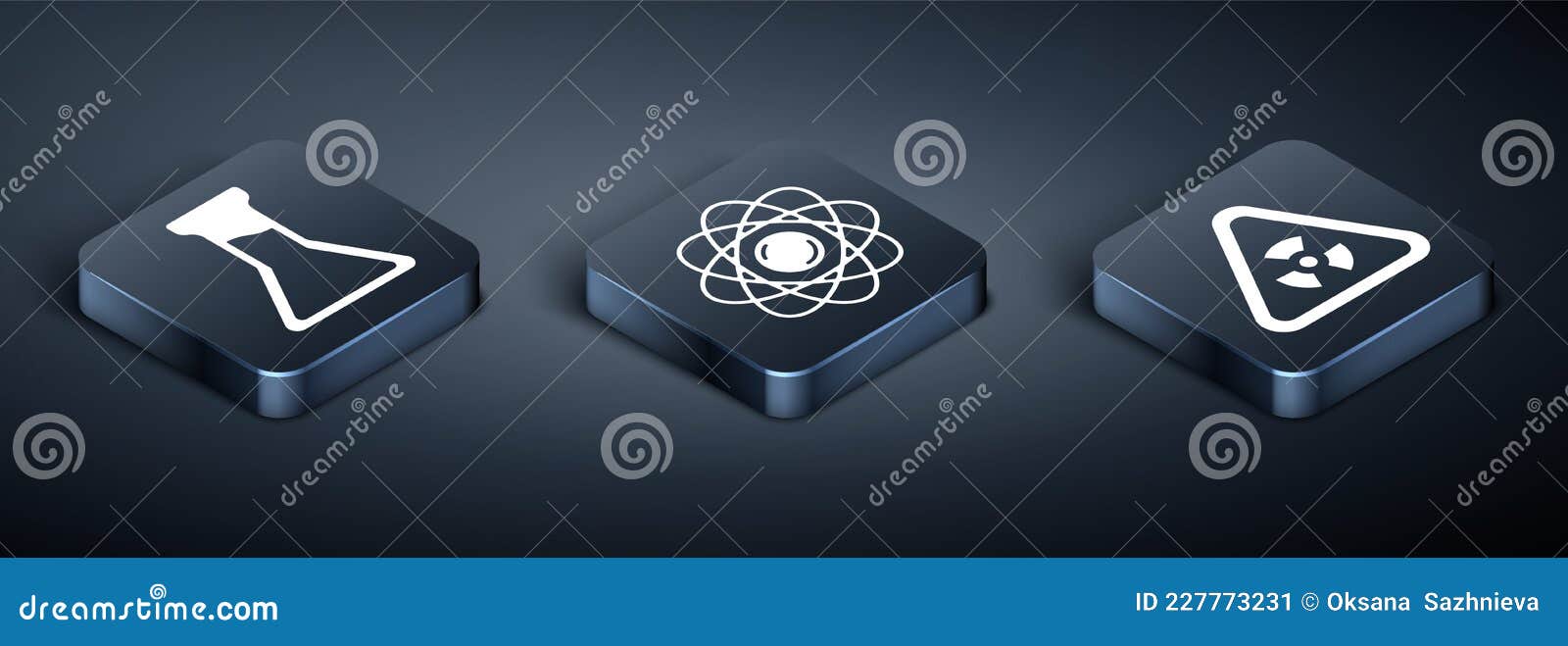 Set Isometric Test Tube and Flask, Triangle with Radiation and Atom ...