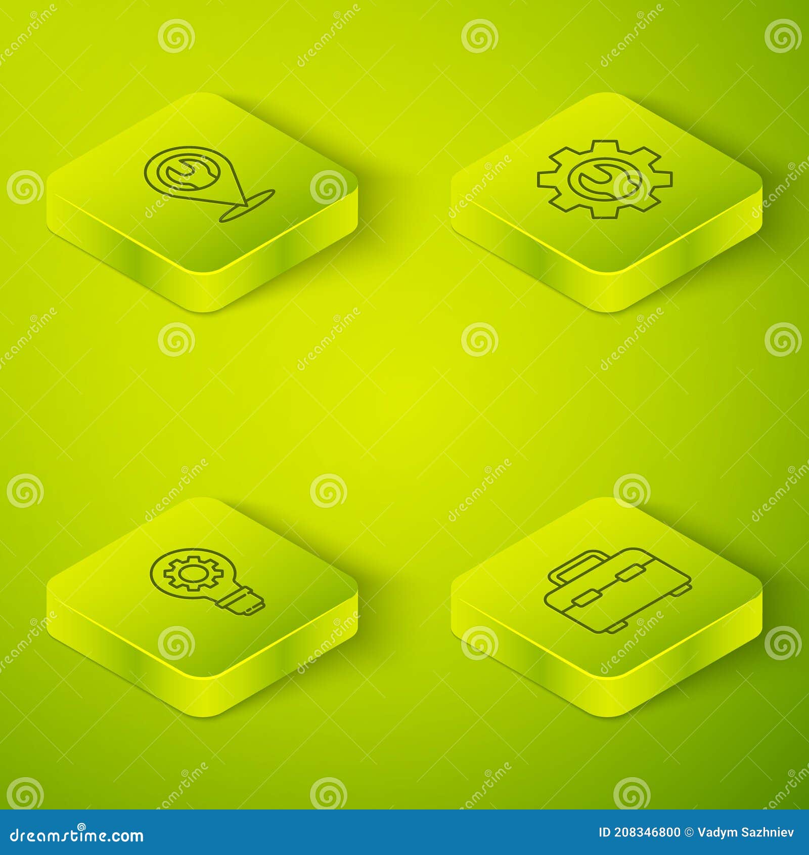 Set Isometric Wrench Spanner and Gear, Light Bulb, Toolbox and Location with Wrench Icon. Vector ...