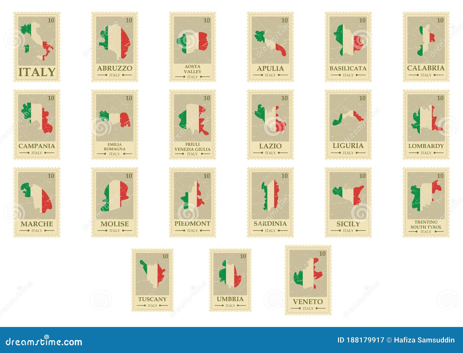 Set of Italian Cities Map Postal Stamps. Vector Illustration Decorative ...