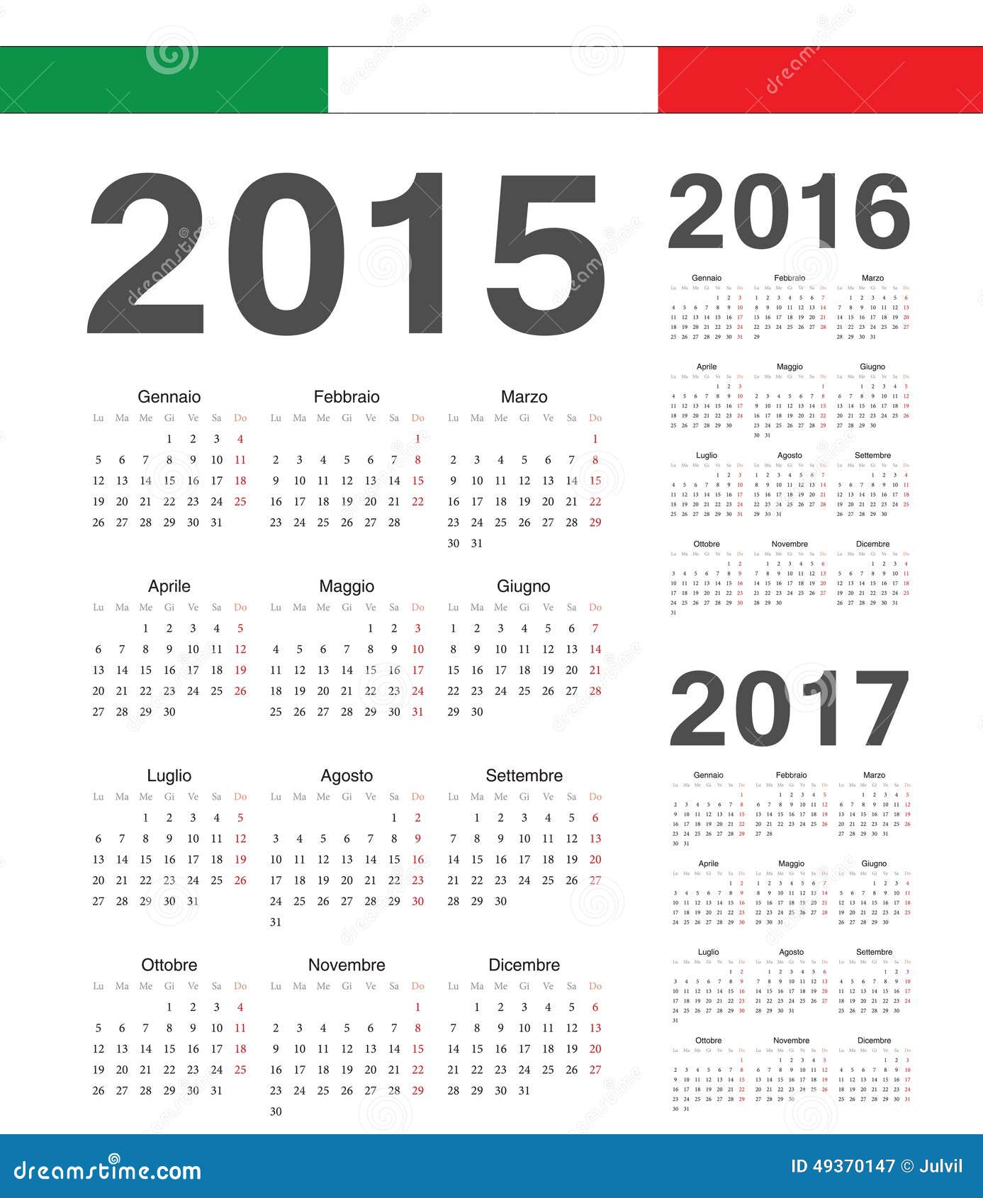 Set of Italian 2015, 2016, 2017 Year Vector Calendars Stock Vector ...