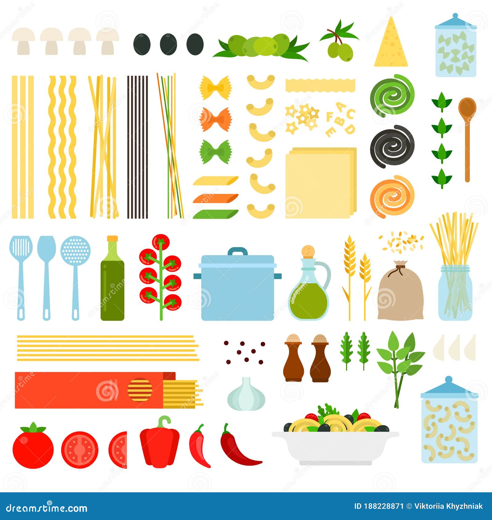 Set of Italy Pasta Icons Flat Vector Stock Vector - Illustration of ...