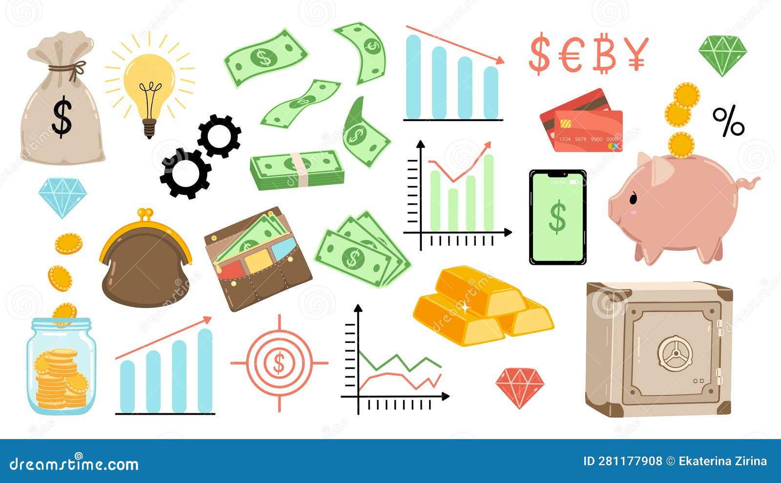Set of Items and Elements Related To Money and Banking. Vector Graphics ...