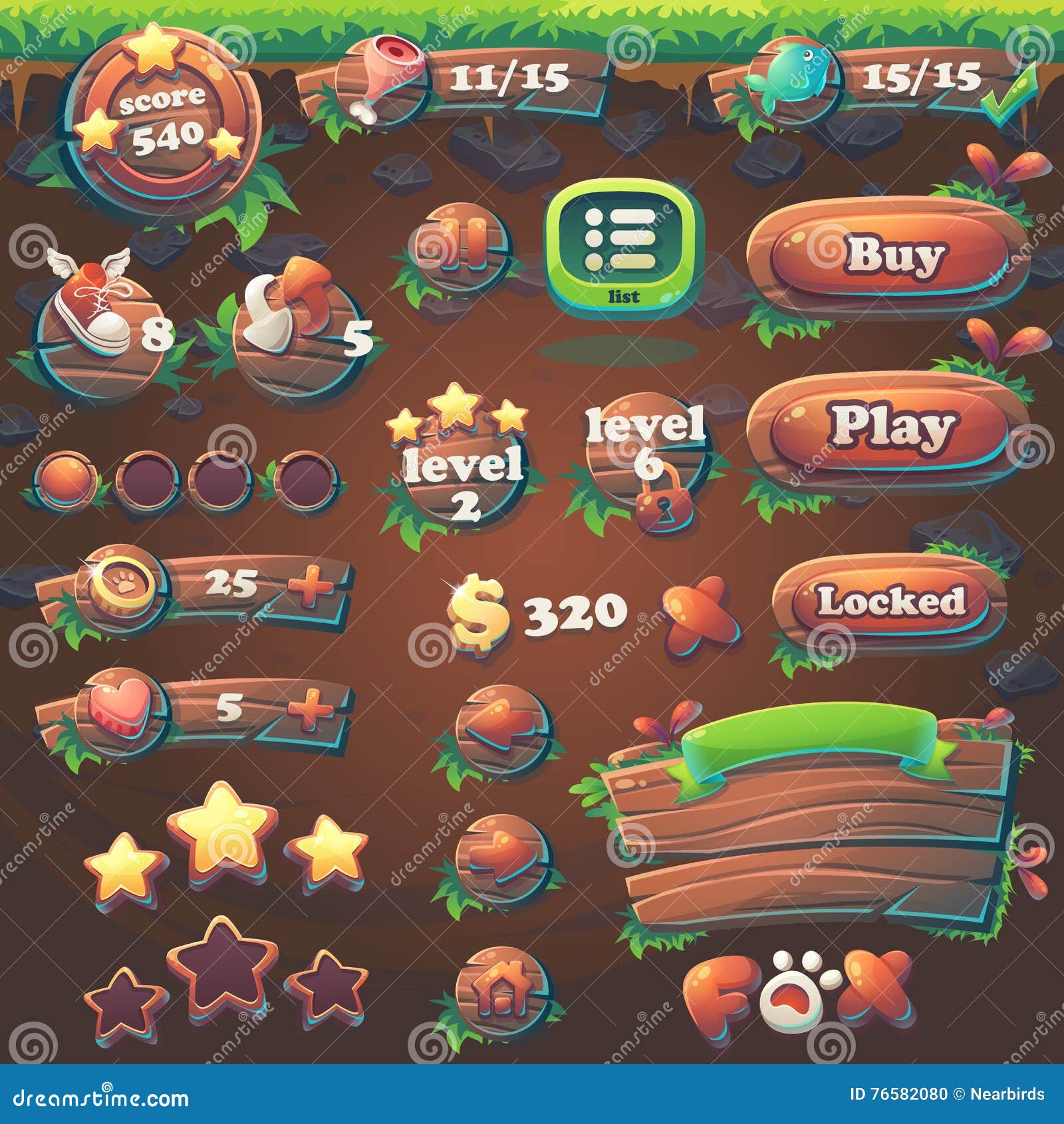 Set Items of Feed the Fox GUI Match 3 Stock Vector - Illustration of ...