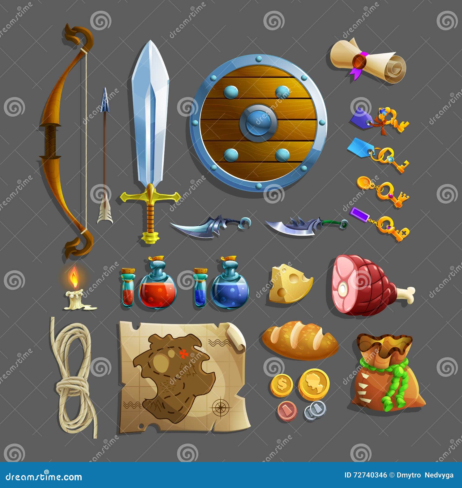 Set of Items for Game. Different Food, Weapon, Potion and Tools Stock ...