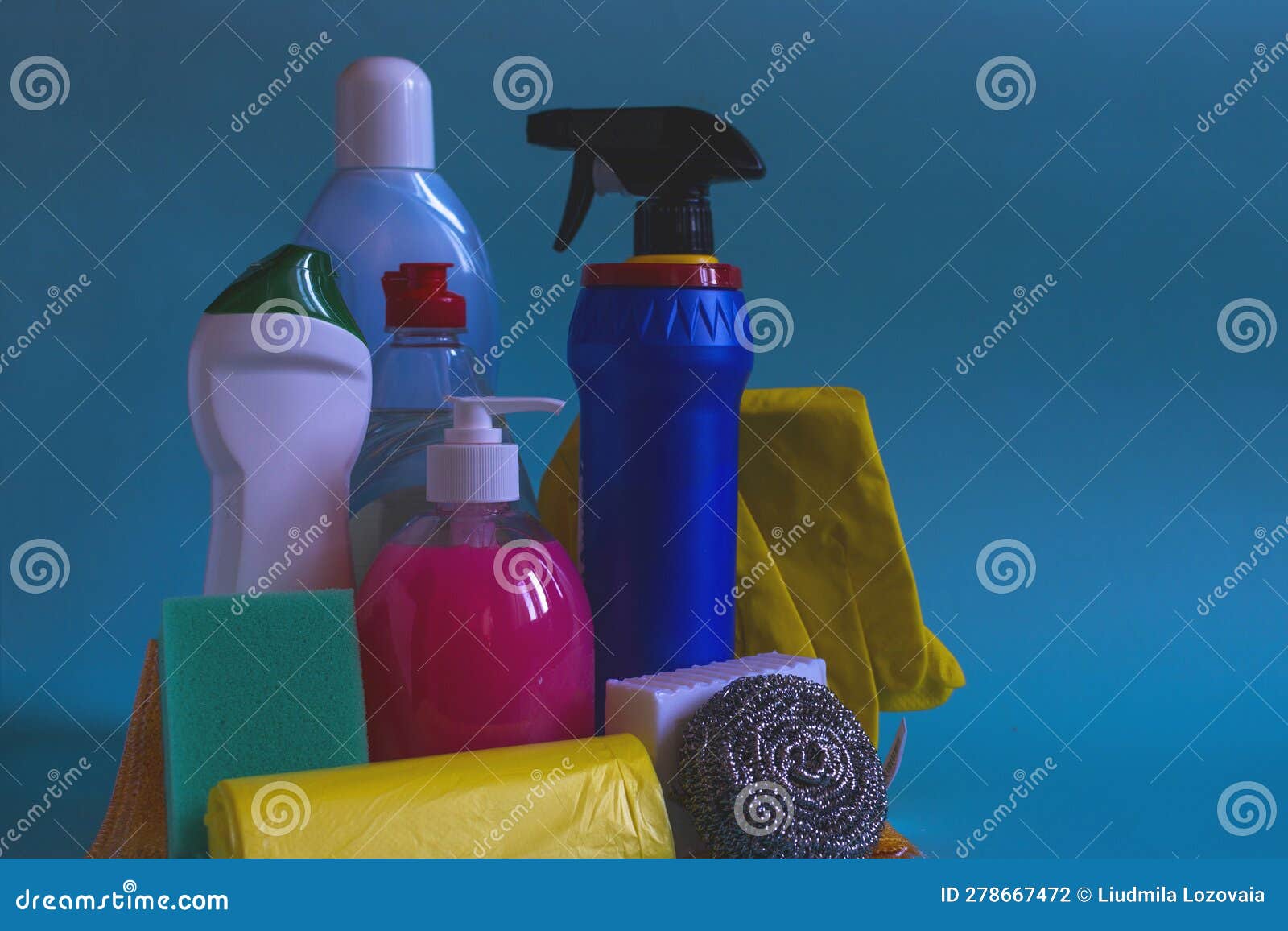 A Set of Items for Maintaining Cleanliness and Cleaning on a Blue ...