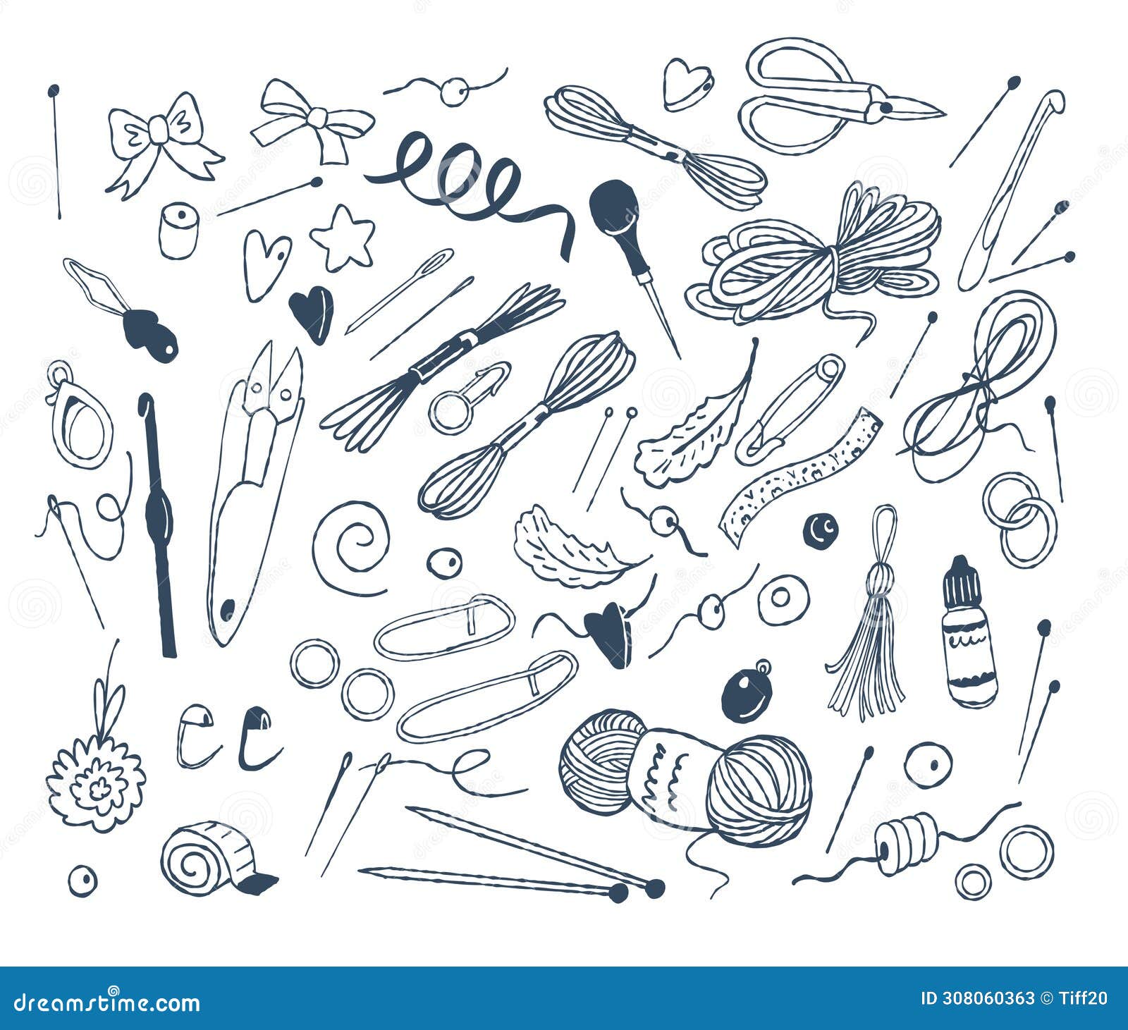 A Set of Items for Needlework. Black and White Ink Drawing Stock Vector ...