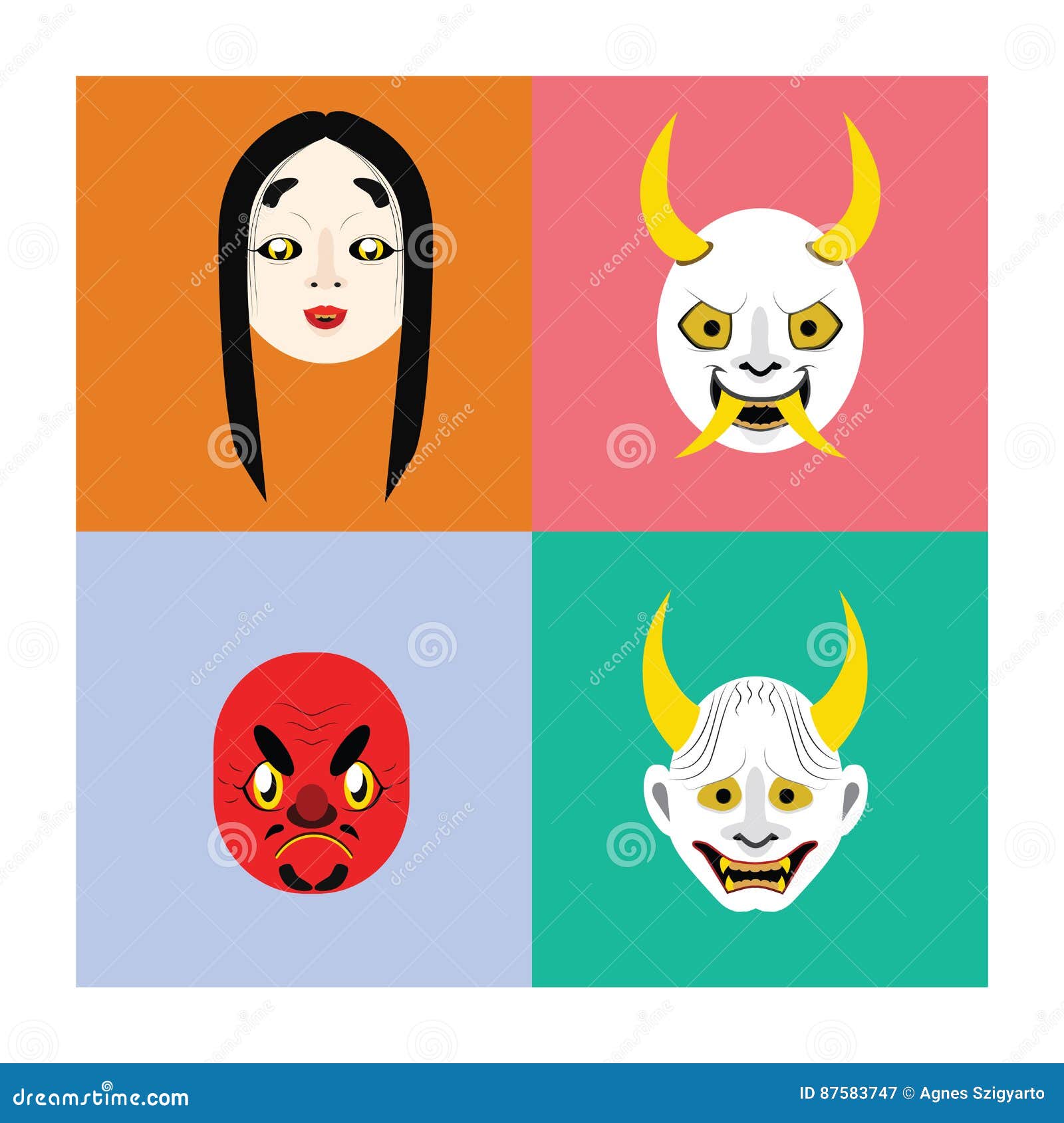 Japanese Noh Masks Set. Asian Theater Scary Demons Humans Heads With ...