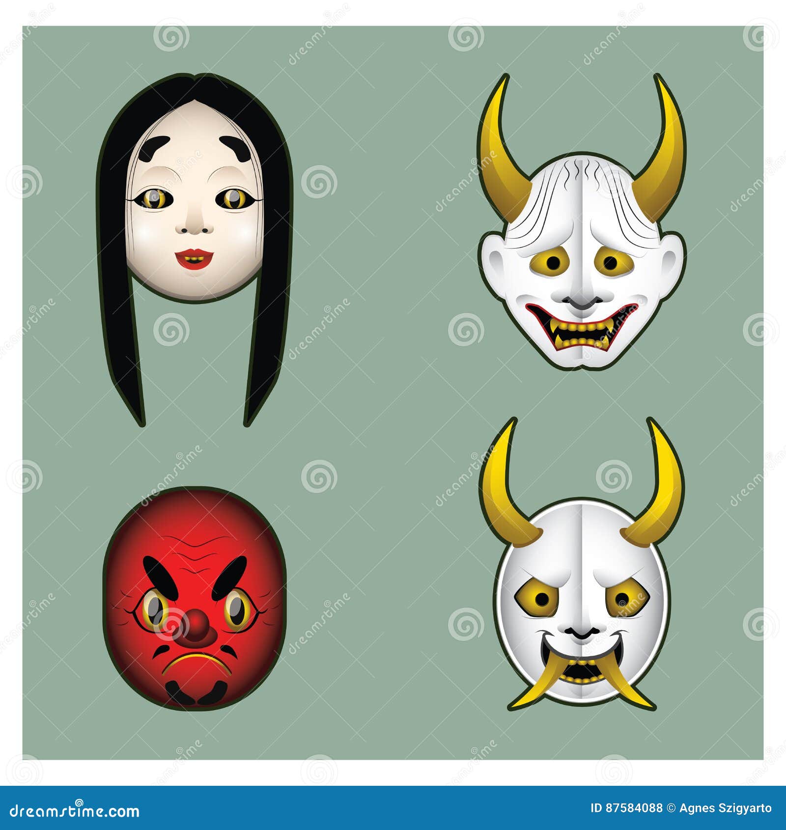 Japanese Noh Masks Set. Asian Theater Scary Demons Humans Heads With ...