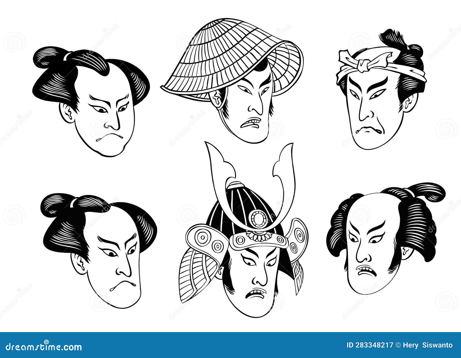 Set of Japanese Man Head in Edo Period Drawing Style Stock Vector ...