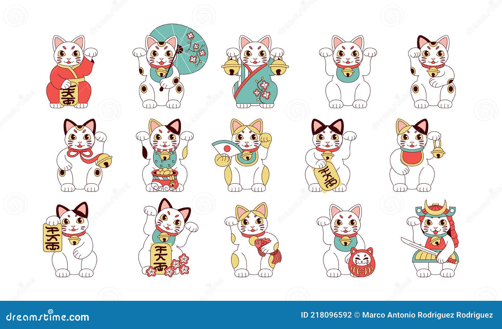 Set of Japanese Maneki Neko Stock Vector - Illustration of gold ...