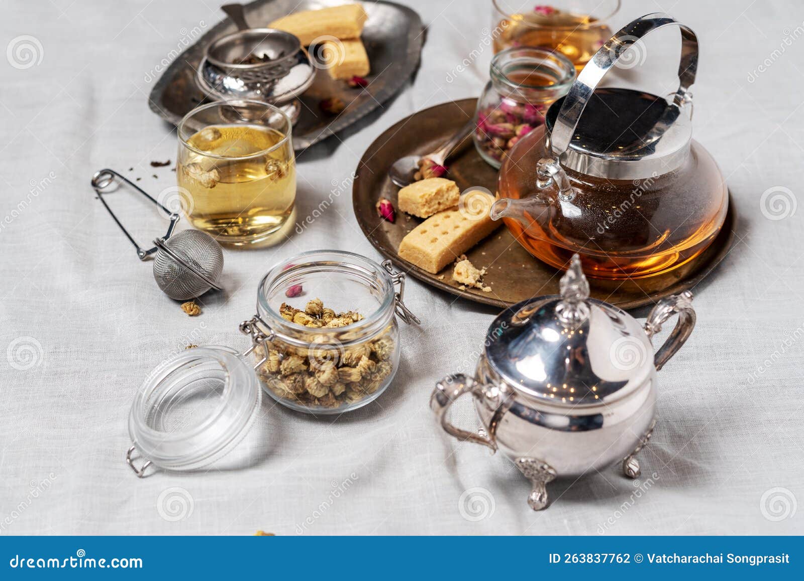 Set of Jasmine Tea with Cracker and Glass Pot on the Table Stock Photo ...