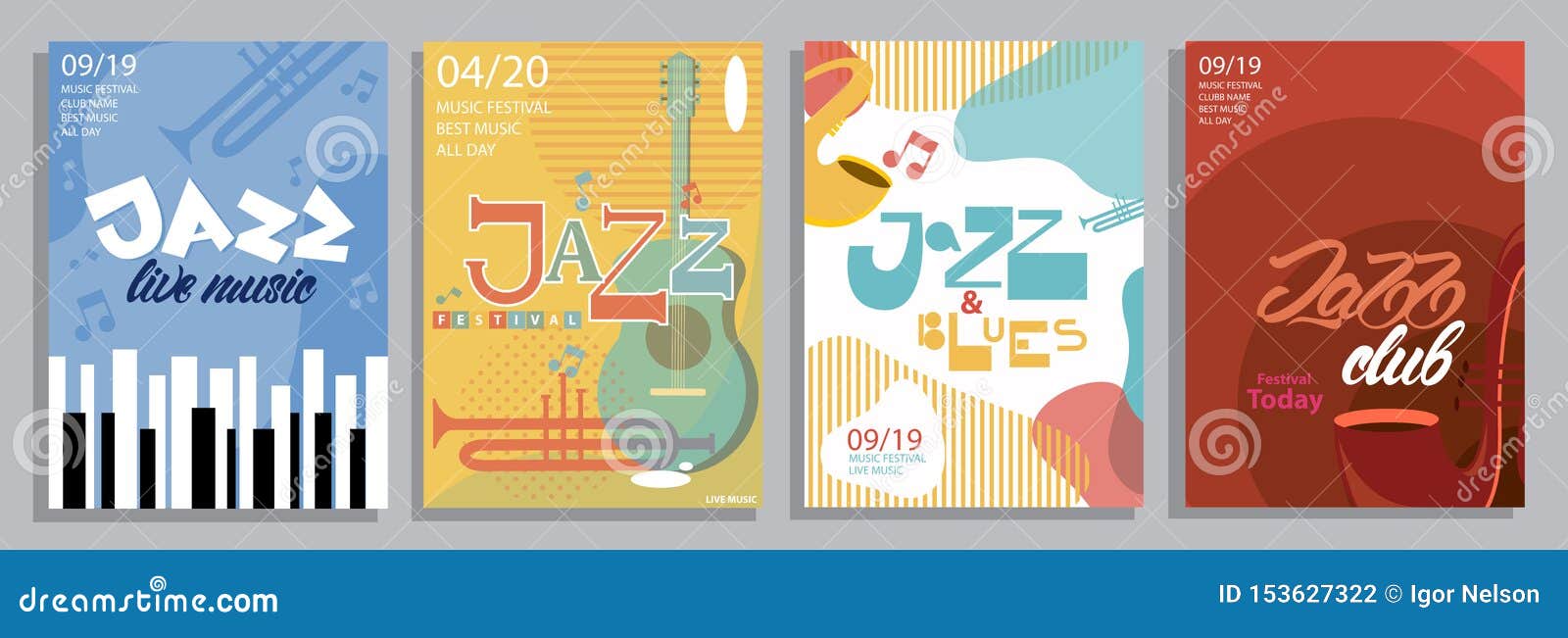 Set of Jazz Posters with Lettering Style, Music Instruments and ...