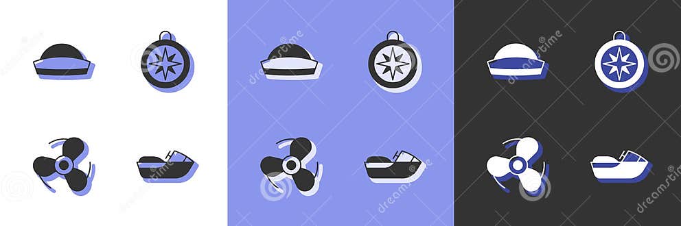 Set Jet Ski, Sailor Hat, Boat Propeller and Compass Icon. Vector Stock ...