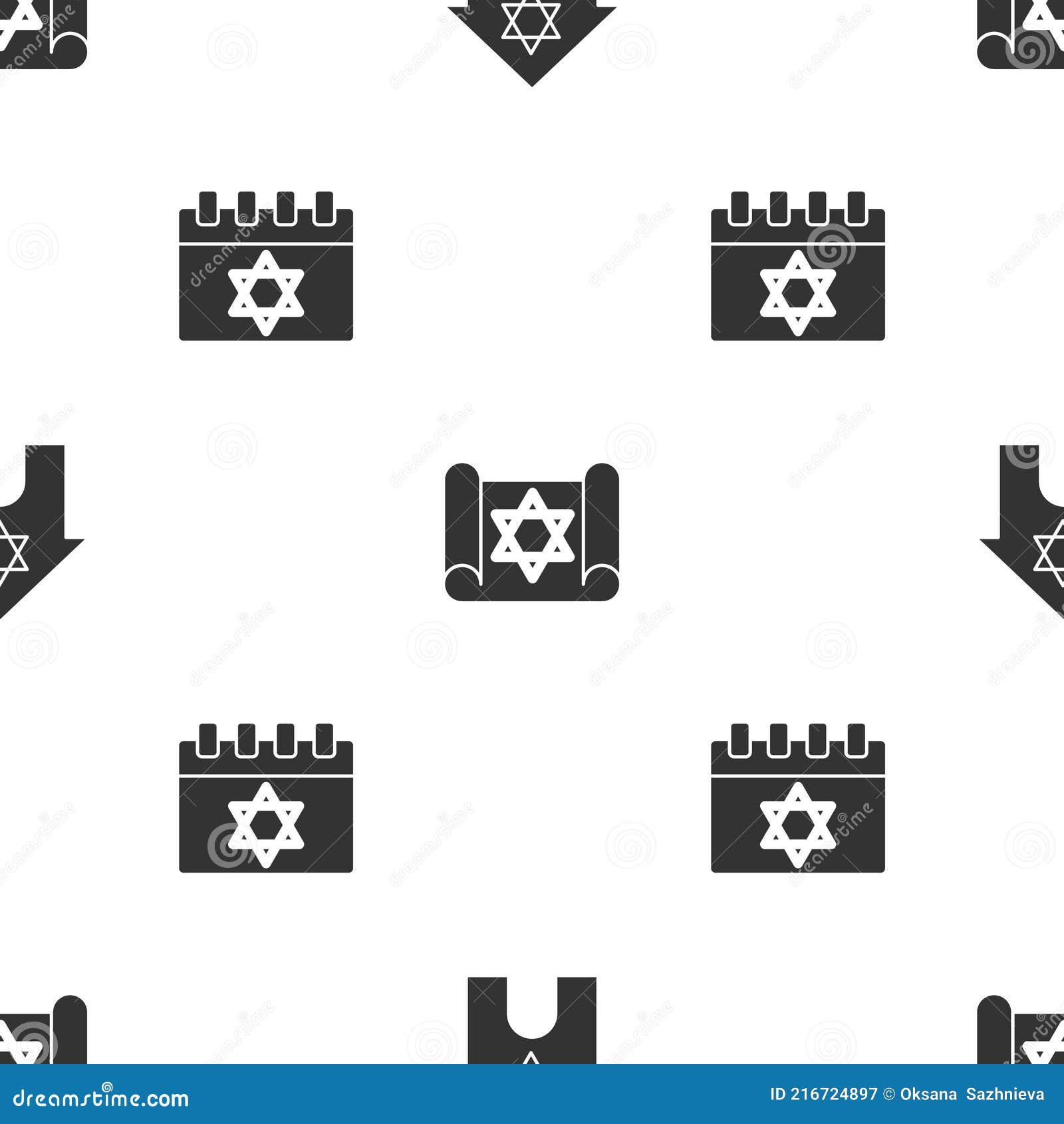 Set Jewish Synagogue, Torah Scroll and Calendar on Seamless Pattern ...