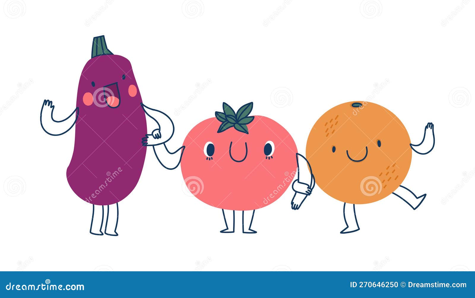 Set of Joyful Characters Standing in a Row and Holding Hands, Eggplant ...
