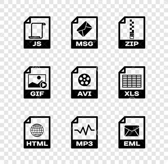 Set JS File Document, MSG, ZIP, HTML, MP3 and EML Icon. Vector Stock ...