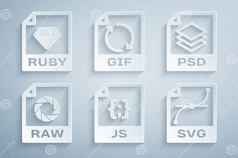 Set JS File Document, PSD, RAW, SVG, GIF and RUBY Icon. Vector ...