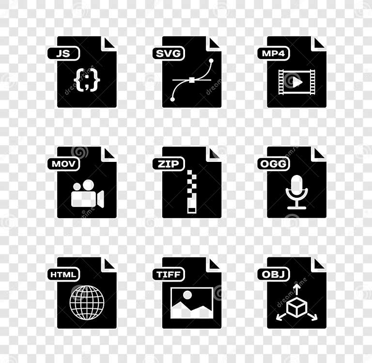 Set JS File Document, SVG, MP4, HTML, TIFF, OBJ, MOV and ZIP Icon. Vector Stock Vector ...