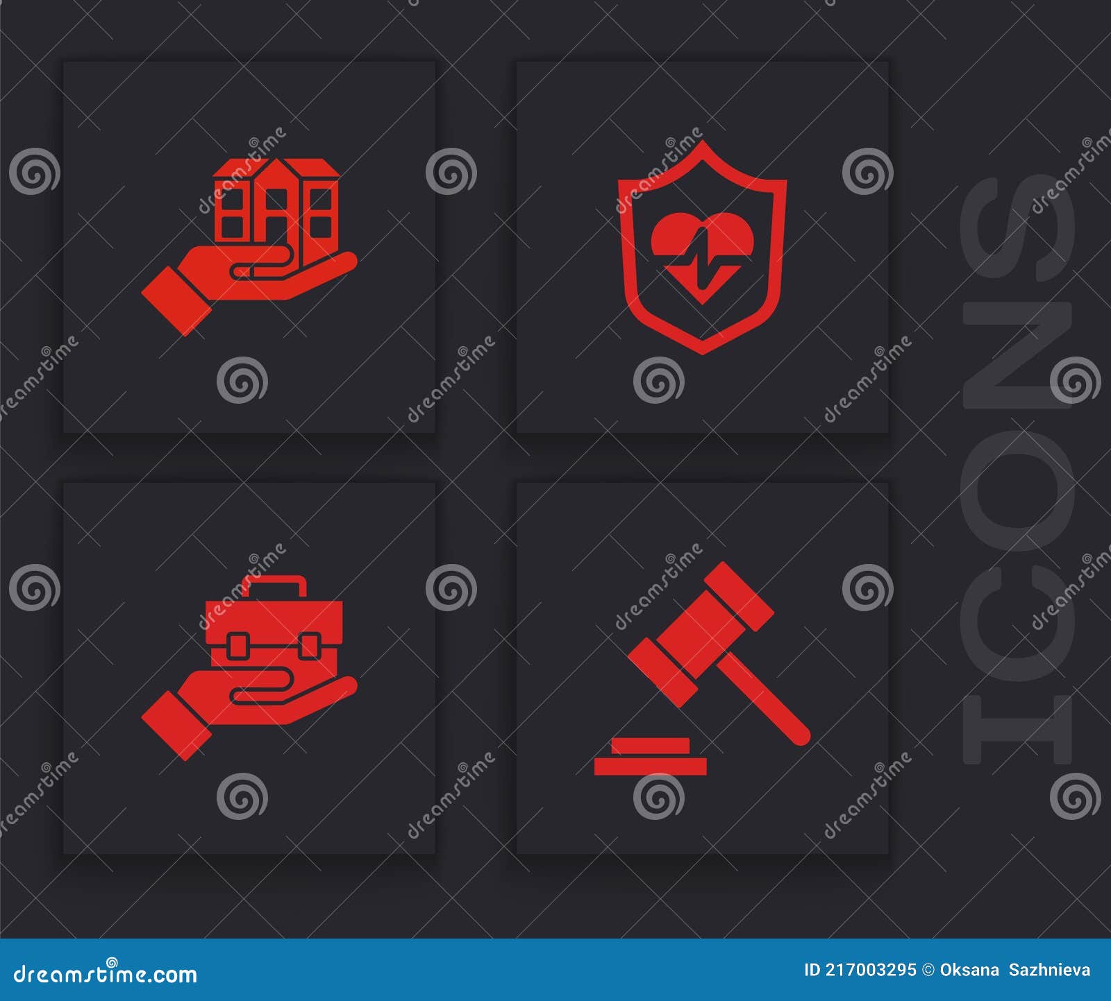 Set Judge Gavel, House in Hand, Life Insurance with Shield and Hand ... Set Judge Gavel, House in Hand, Life Insurance with Shield and Hand ...