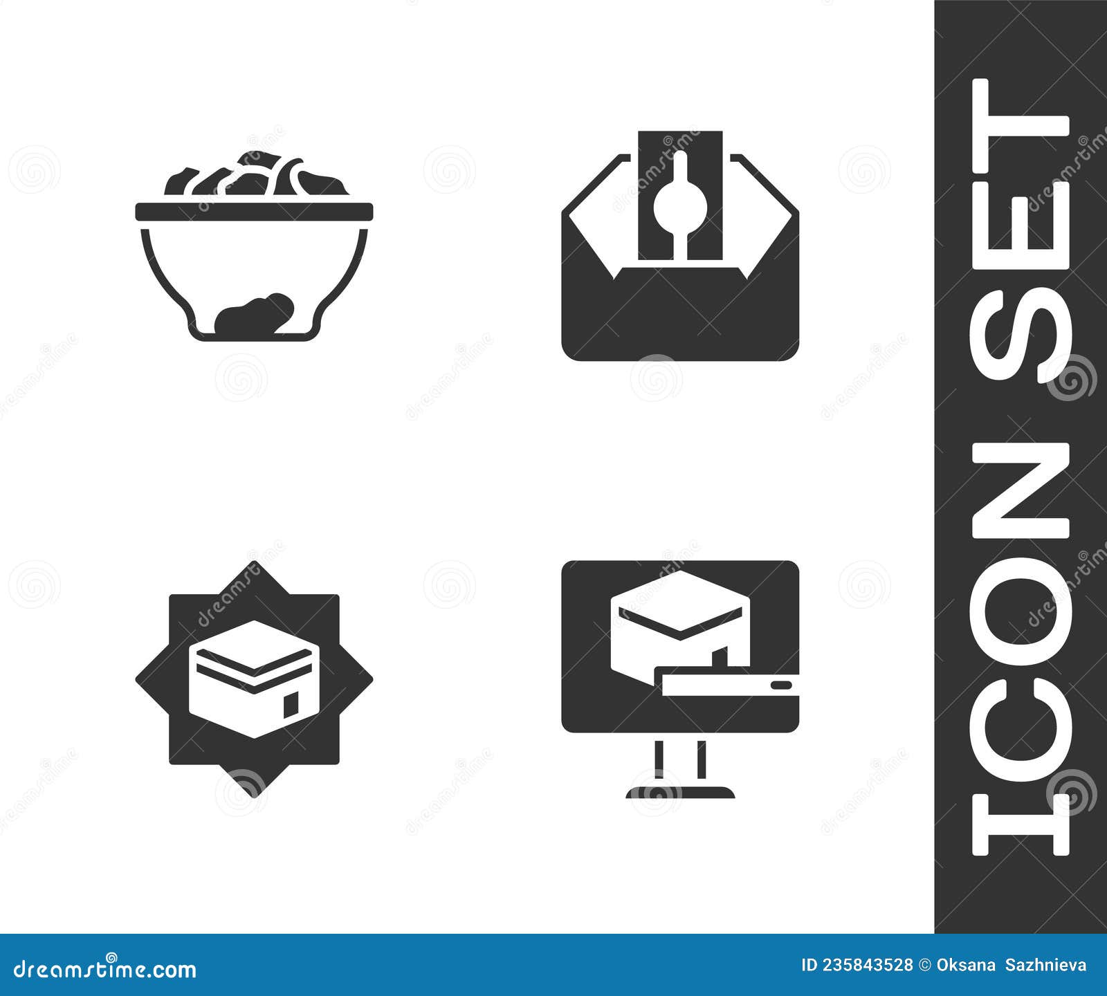 Set Kaaba Mosque, Date Fruit in Bowl, and Donate or Pay Your Zakat Icon ...