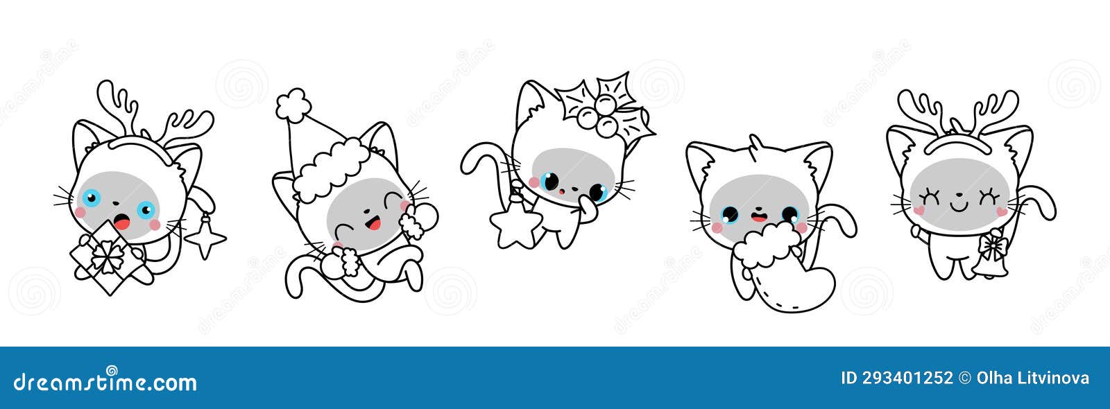Set of Kawaii Christmas Siamese Cat Coloring Page. Collection of Cute ... Set of Kawaii Christmas Siamese Cat Coloring Page. Collection of Cute ...