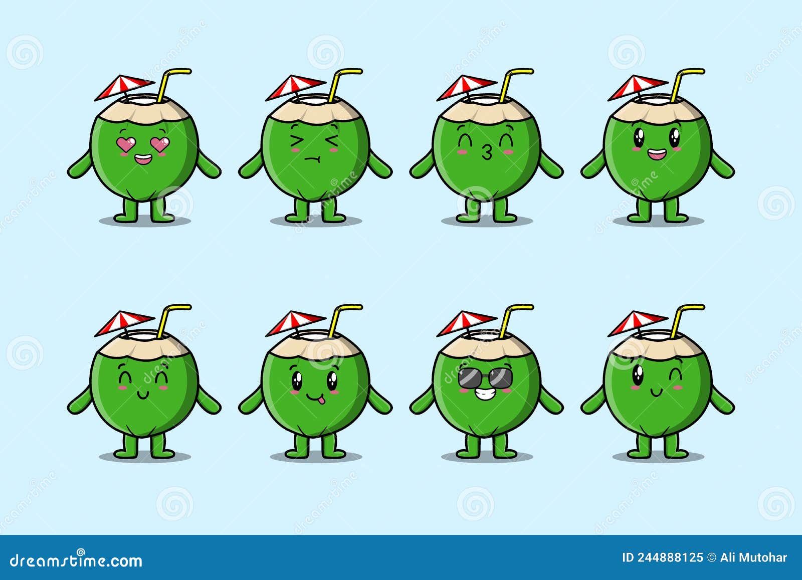 Set Kawaii Coconut Cartoon Different Expressions Stock Vector ...