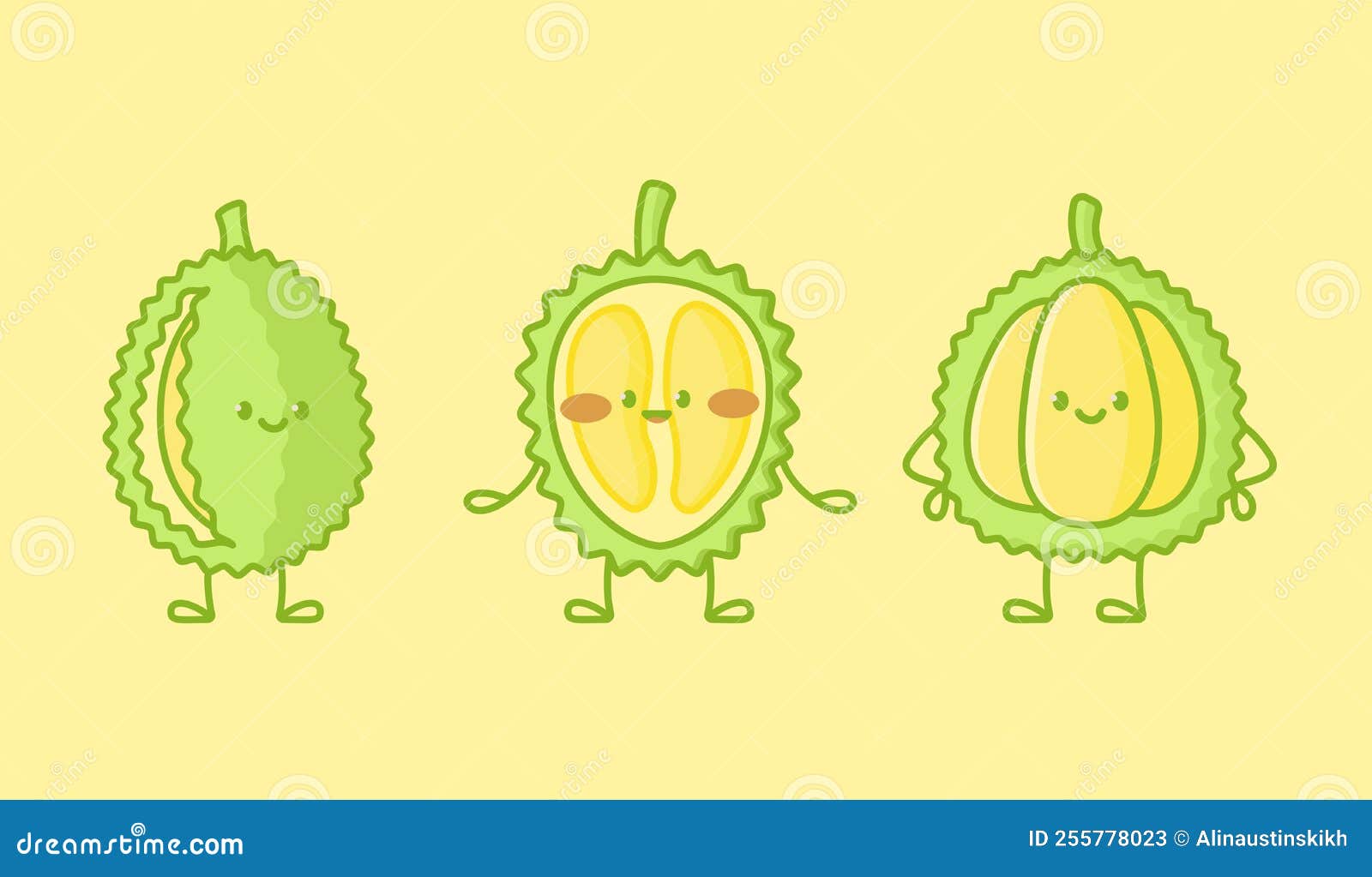 Set of Kawaii Durian Characters Stock Illustration - Illustration of ...