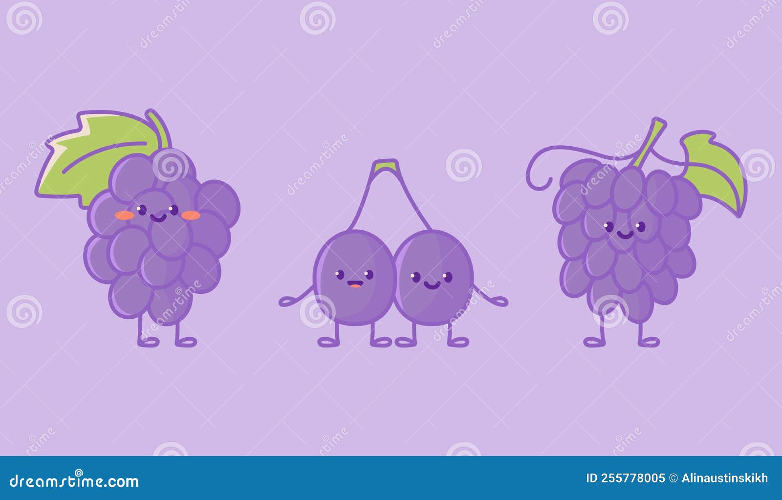 Set of Kawaii Grape Characters Stock Vector - Illustration of doodle ...