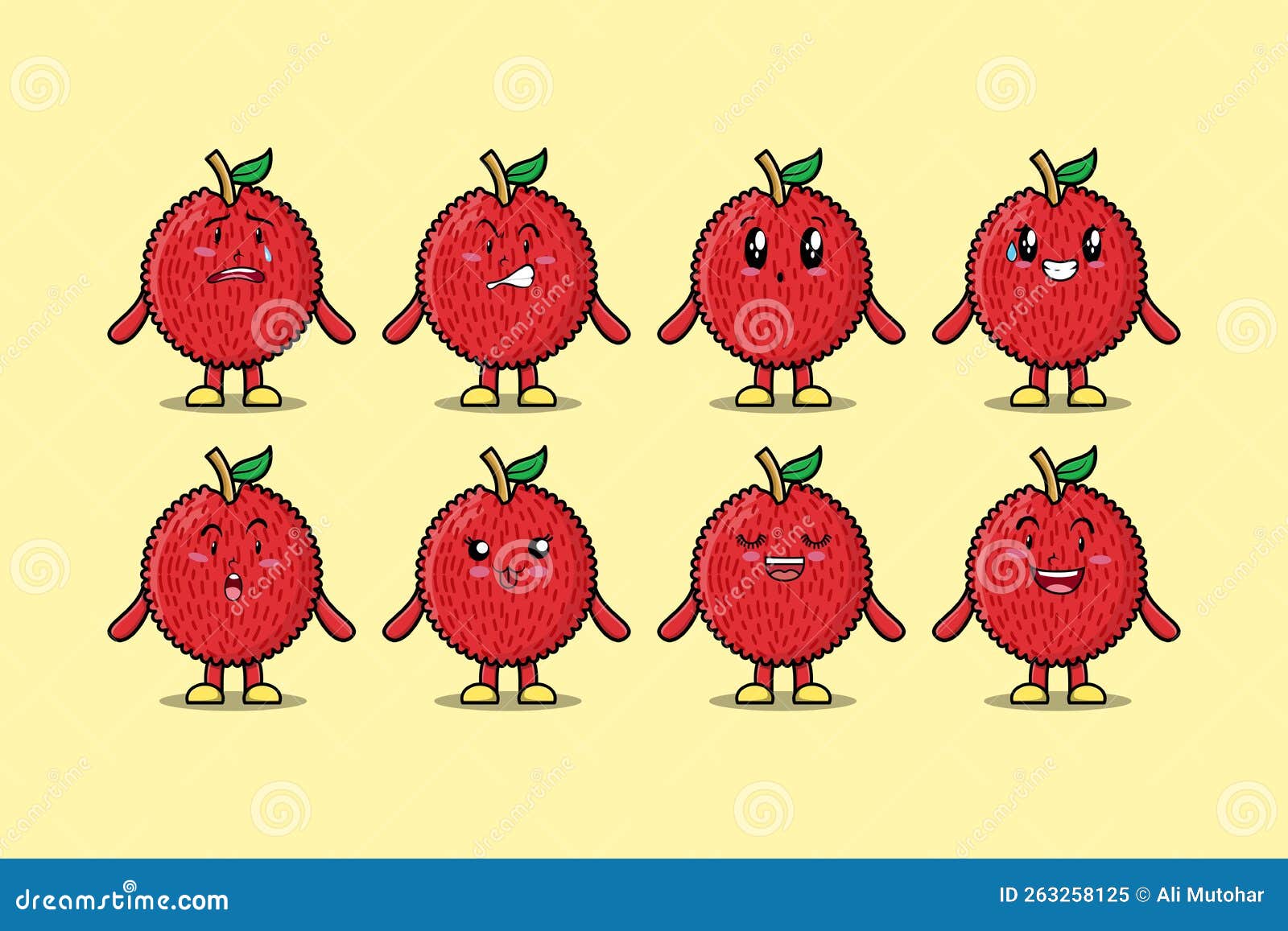 Set Kawaii Lychee Cartoon Character Expressions Stock Illustration ...