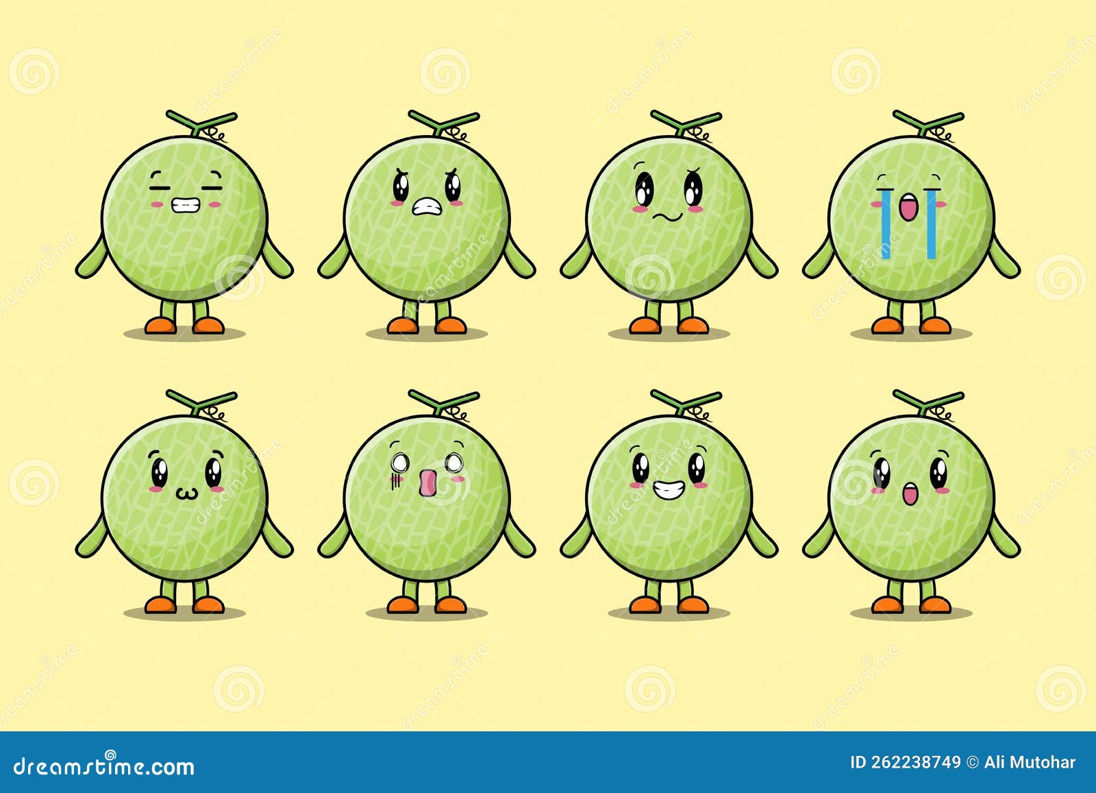 Set Kawaii Melon Cartoon Character Expressions Stock Vector ...