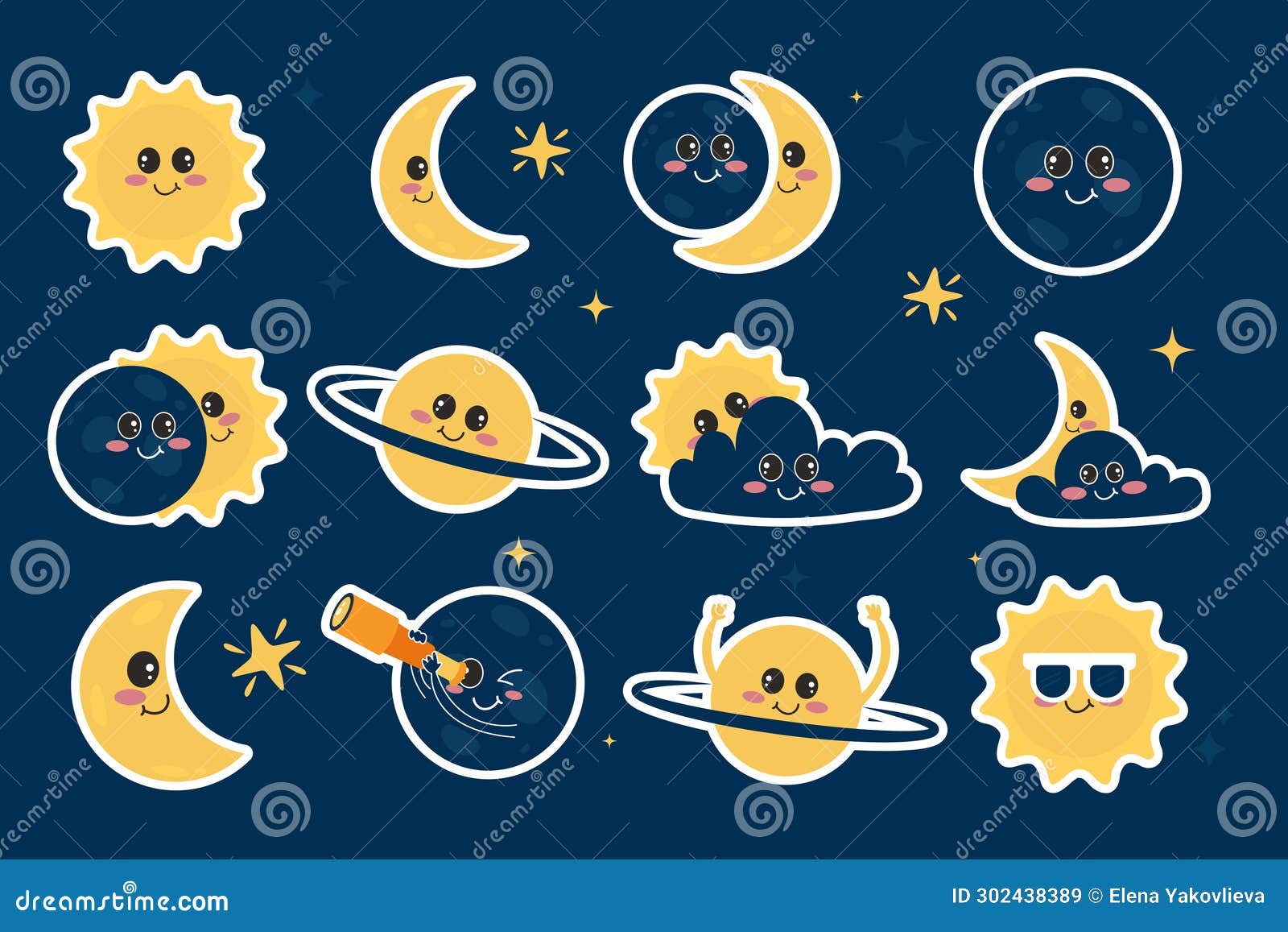 Set of Kawaii Stickers Solar Eclipse Elements in Flat Cartoon Style ...