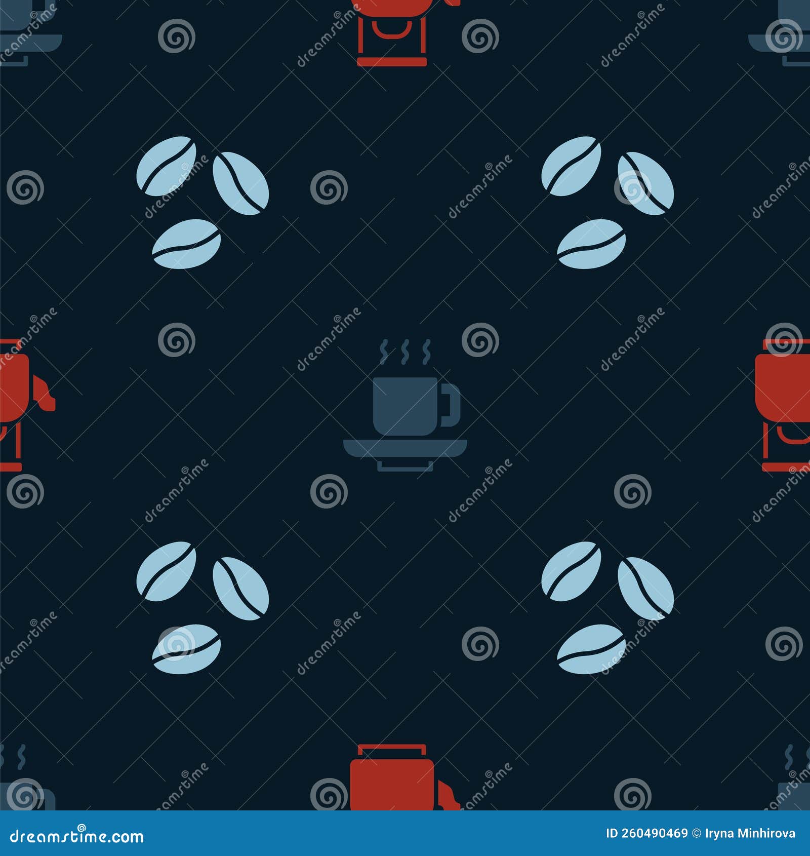 Set Kettle with Handle, Coffee Cup and Beans on Seamless Pattern ...