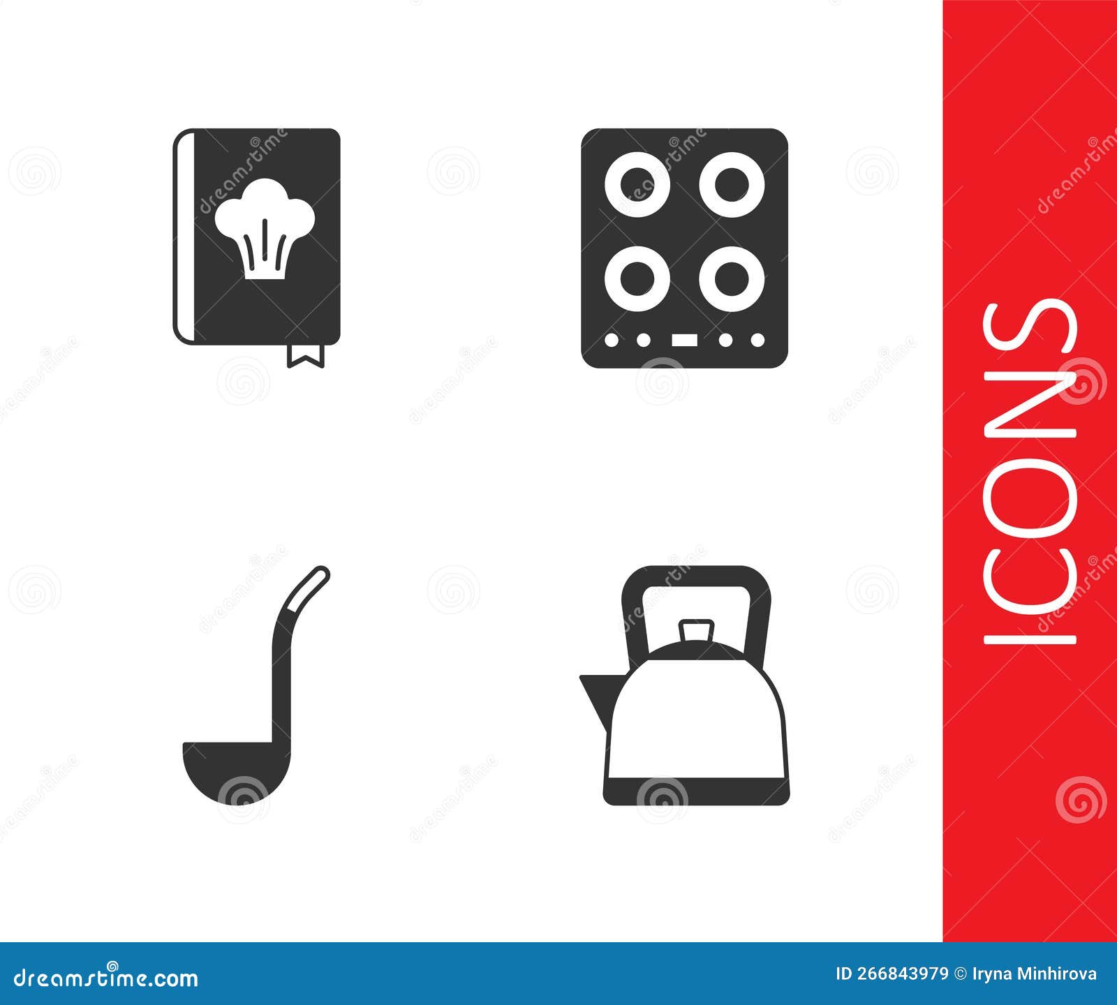 Set Kettle with Handle, Cookbook, Kitchen Ladle and Gas Stove Icon ...