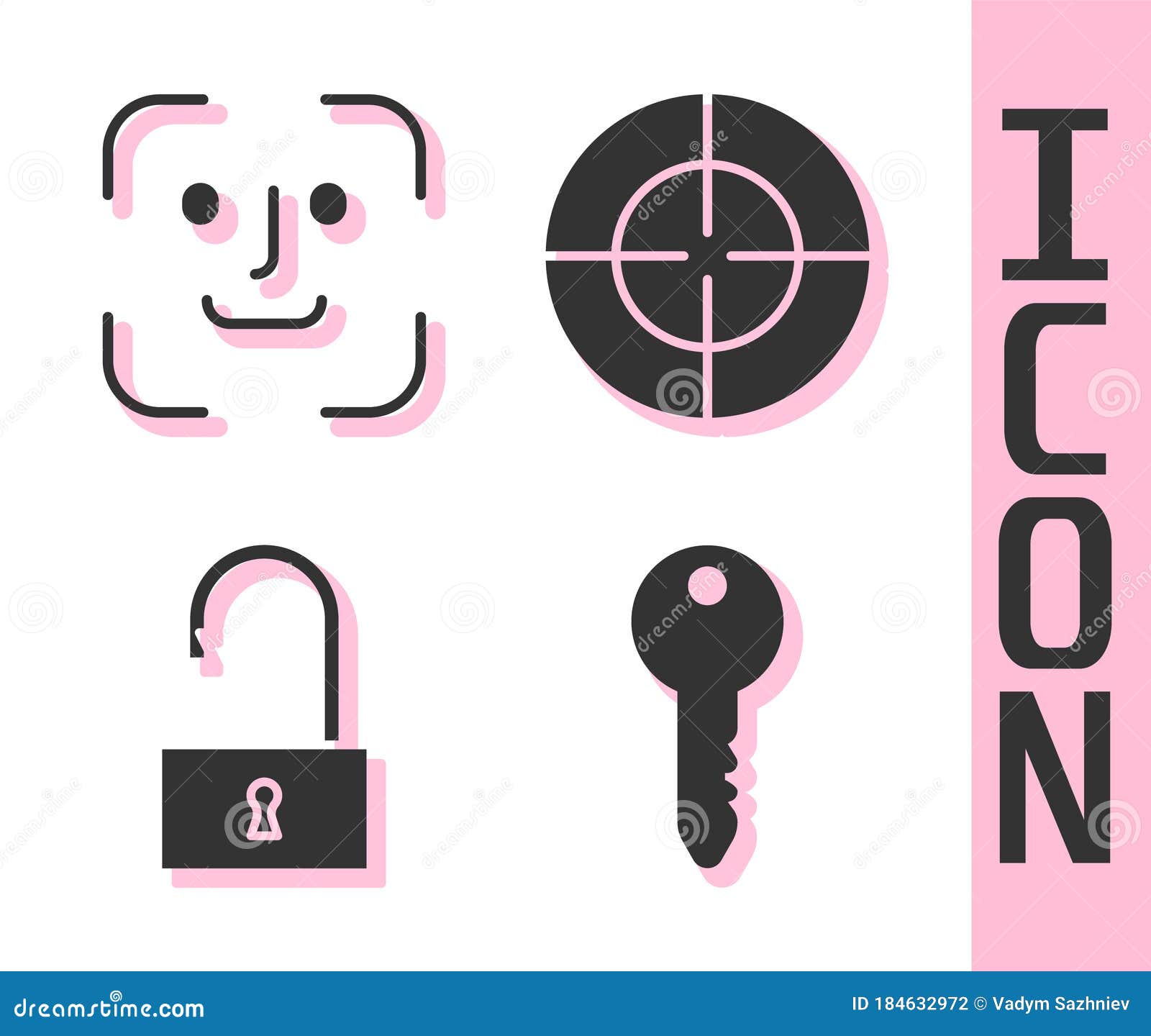 Set Key, Face Recognition, Open Padlock and Target Sport Icon. Vector ...