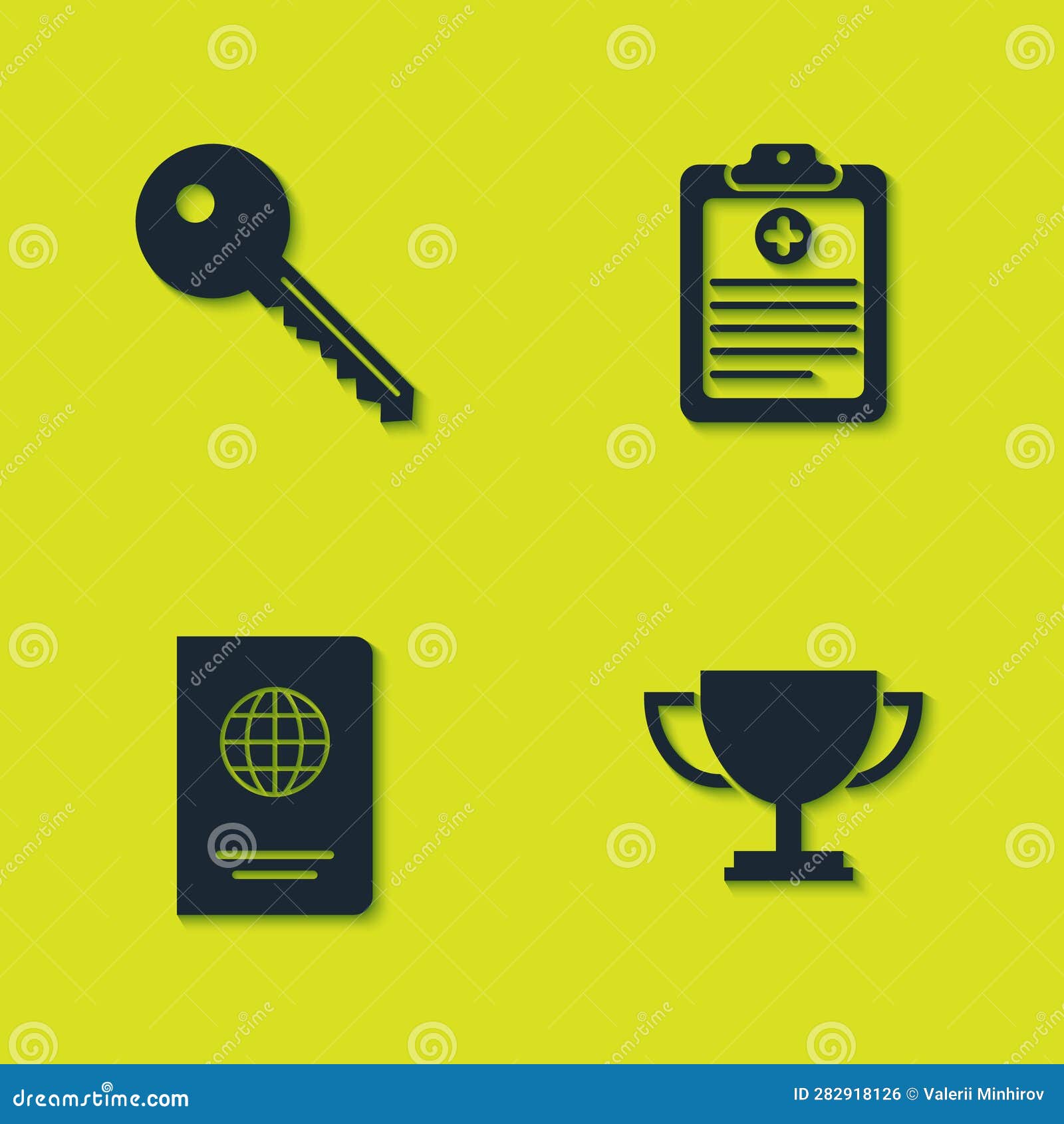 Set Key, Trophy Cup, Passport and Clinical Record Icon. Vector Stock ...