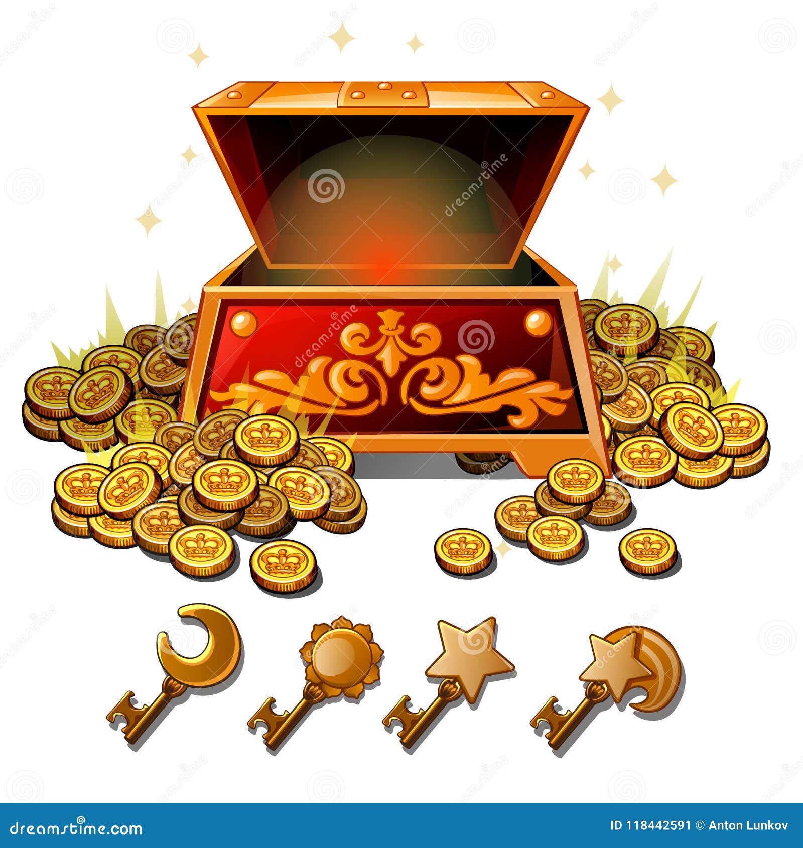 Old Chest With Gold Coins. Piles Of Coins Around. Cartoon Style Hand ...