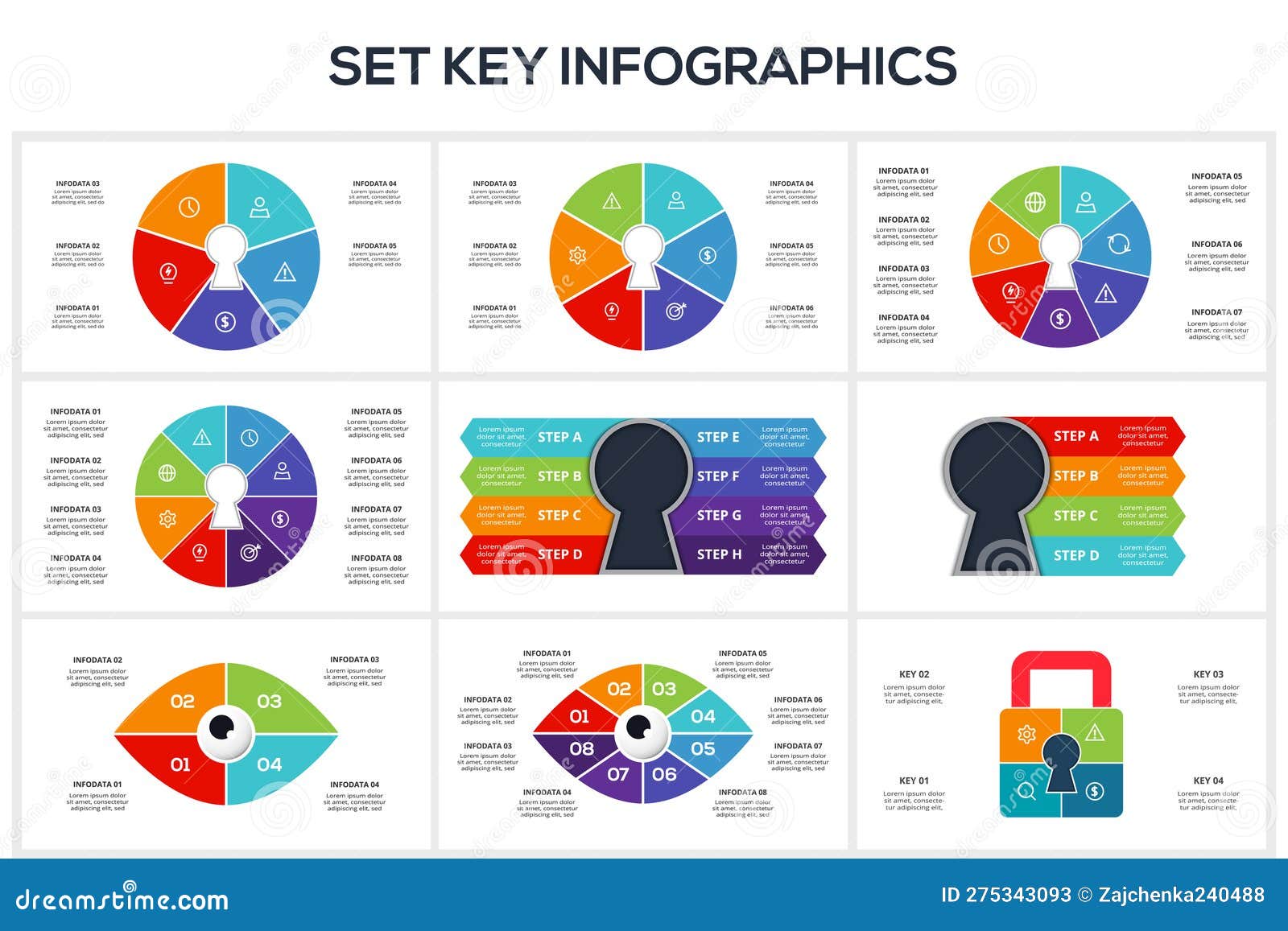 Set Keys Concept for Infographics with 4, 5, 6, 7, 8 Steps, Options ...