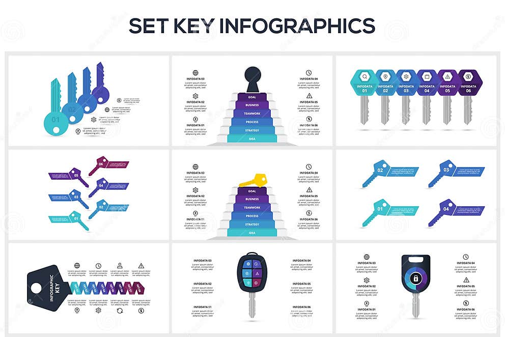 Set Keys Concept for Infographics with 3, 4, 6, 8 Steps, Options, Parts ...