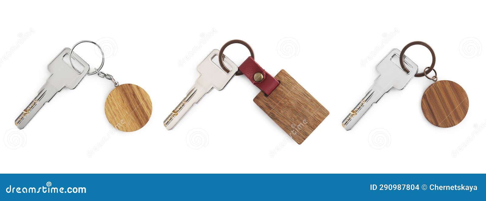 Set of Keys with Wooden Key Chains Isolated on White Stock Photo ...