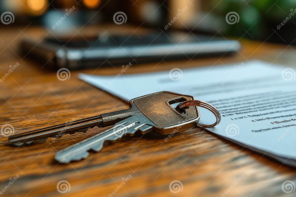 A Set of Keys on a Wooden Table beside a Document Stock Illustration ...