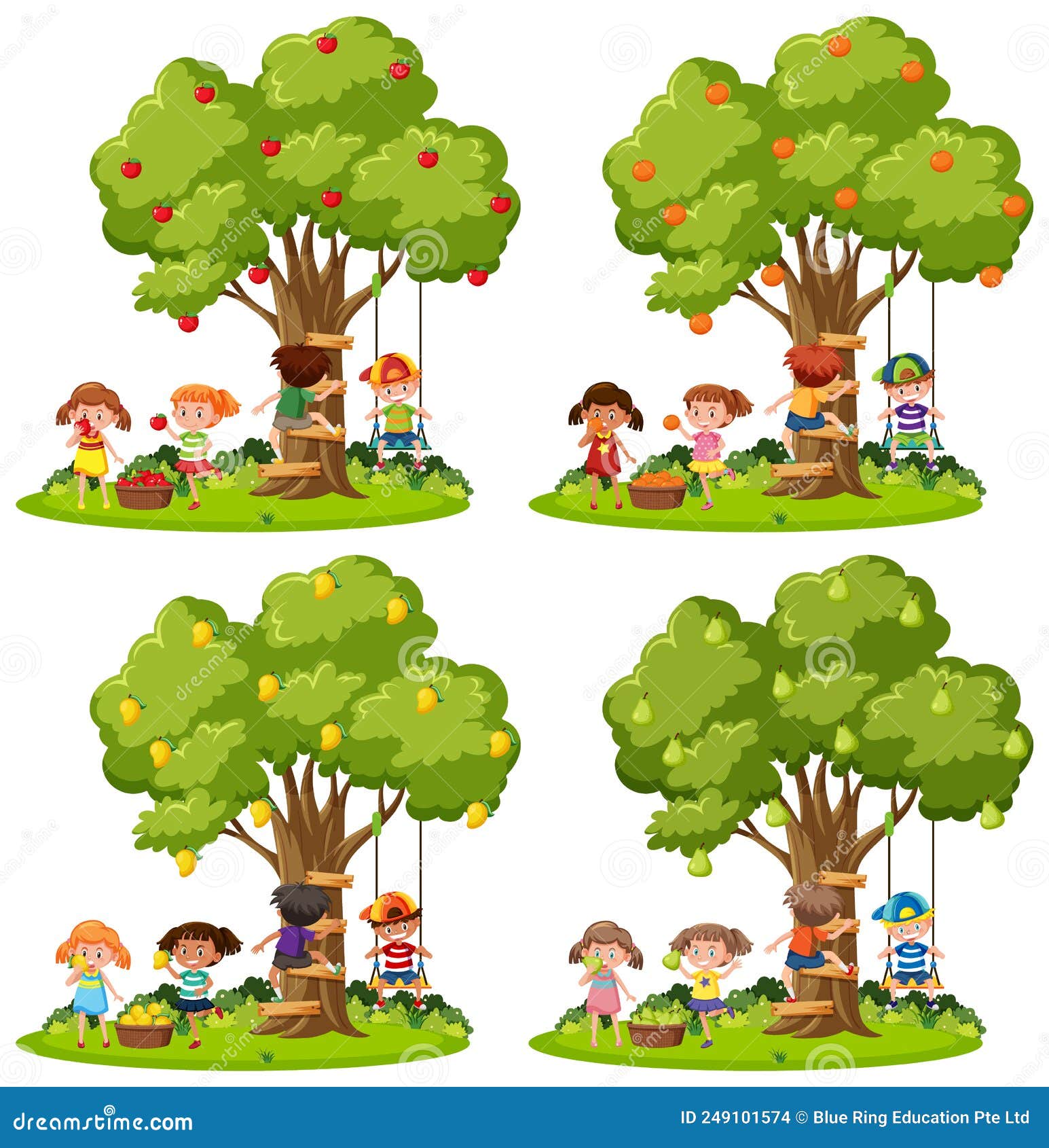 Set of Kids Playing Swing Under Trees Stock Vector - Illustration of ...